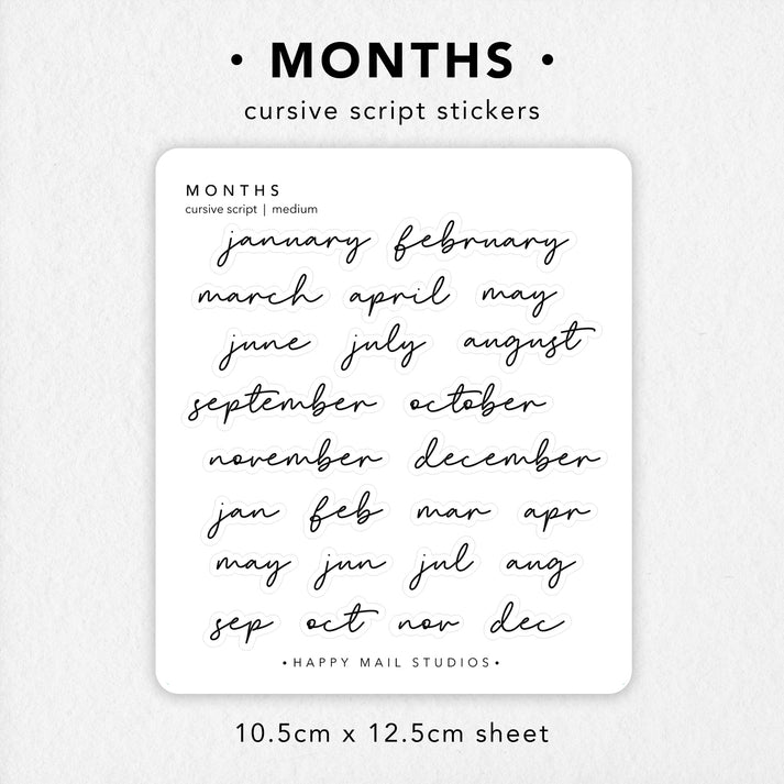 Months Medium Cursive Script Stickers – Happy Mail Studios